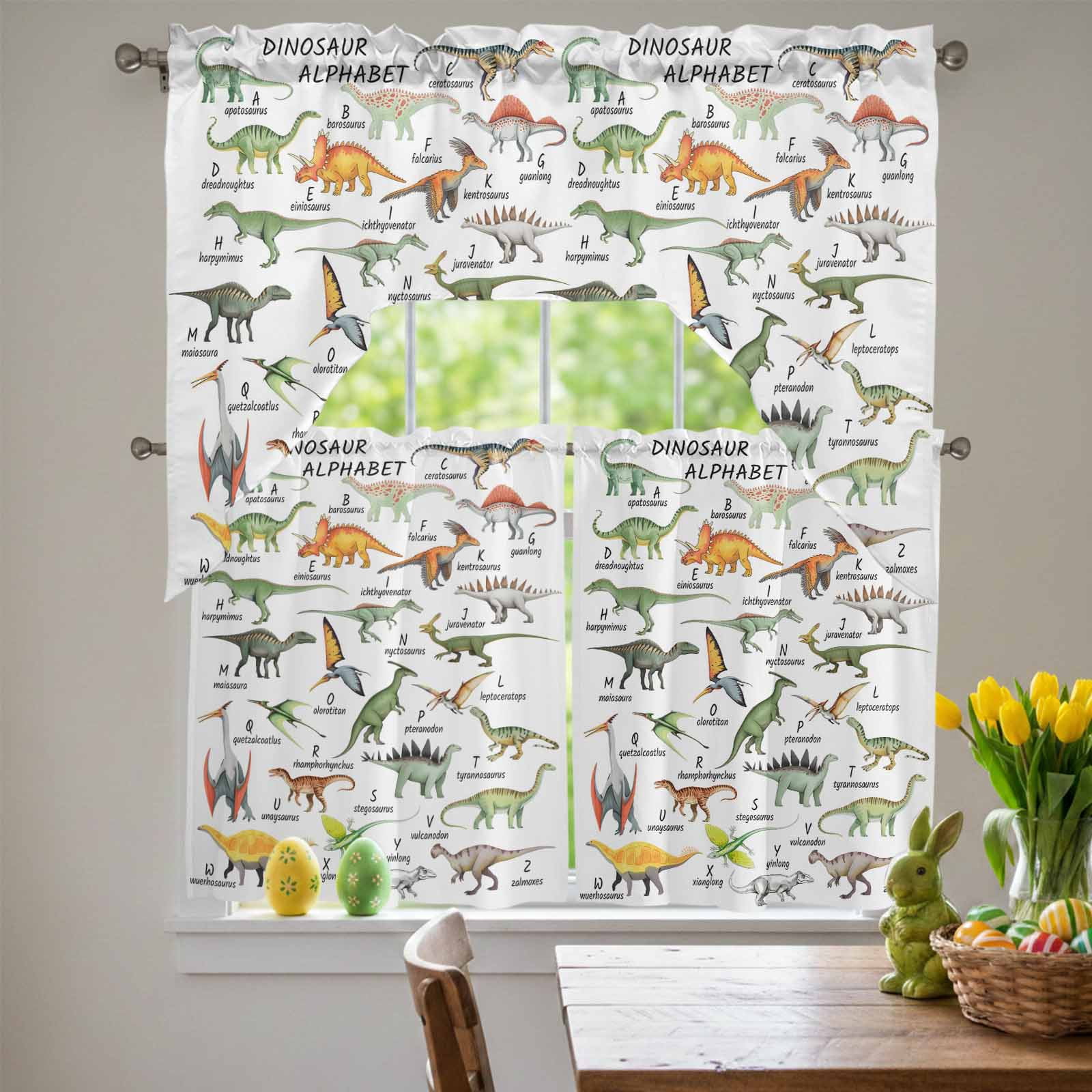 Dinosaur Family Swag Curtains Valance & Tier Set, Retro Hand-drawn ...