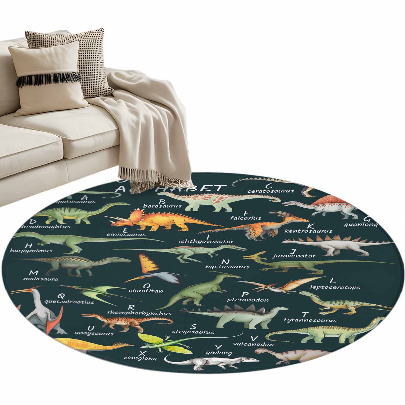 Dinosaur Family Washable Round Area Rug 4 ft, Retro Watercolor Dinosaur ...