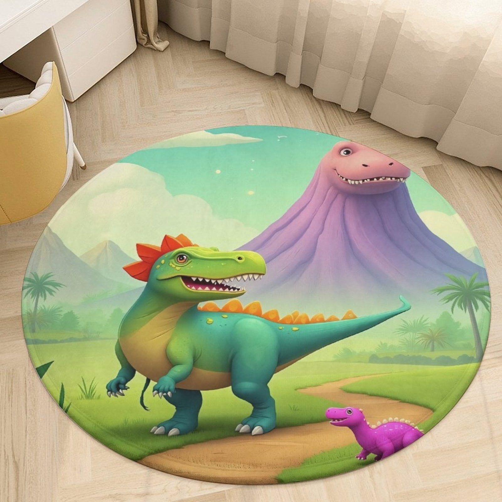Dinosaur Family in Prehistoric Landscape Round Area Rugs for Bedroom ...