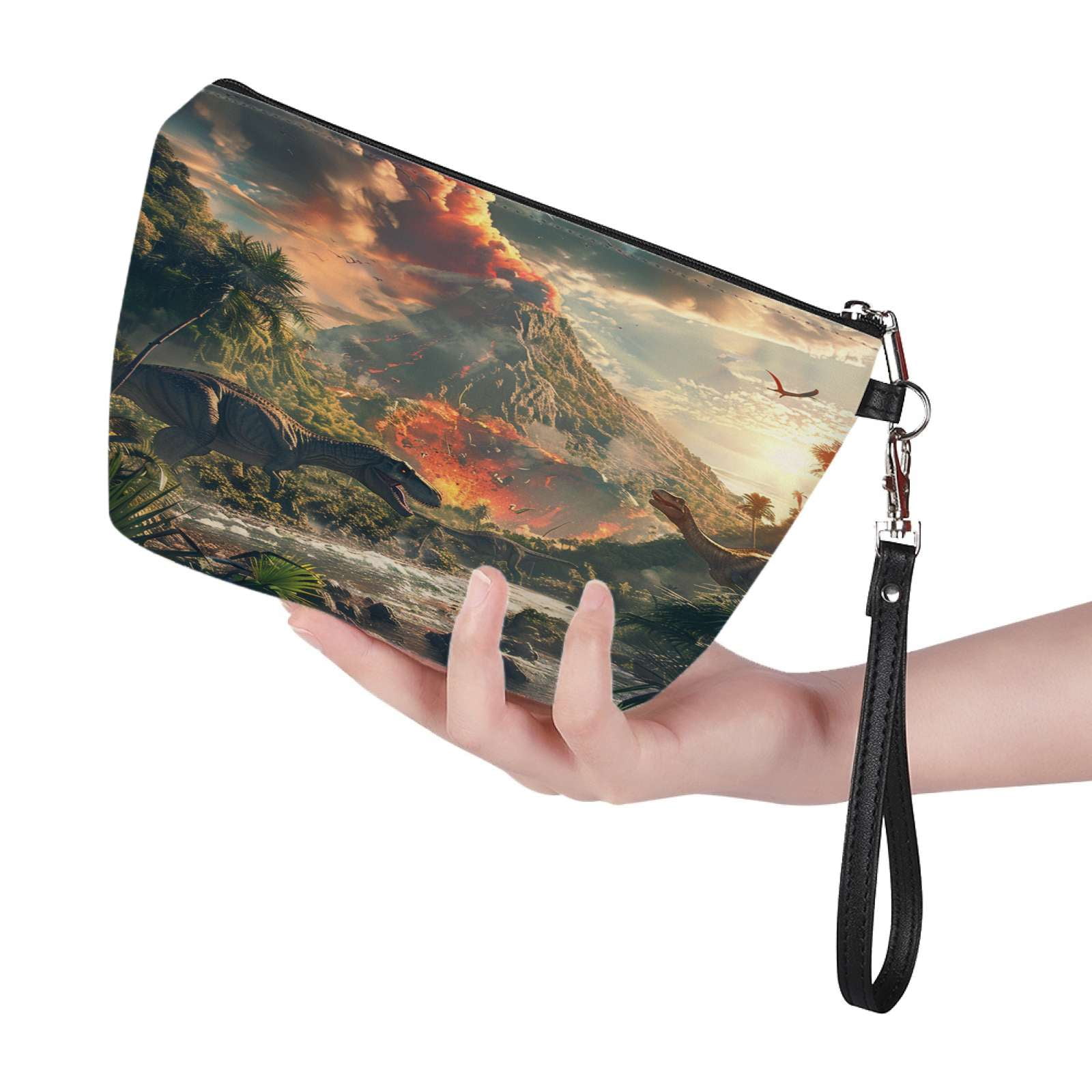 Dinosaur Filled Ancient Jungle Leather Makeup Bag Small Travel Cosmetic ...