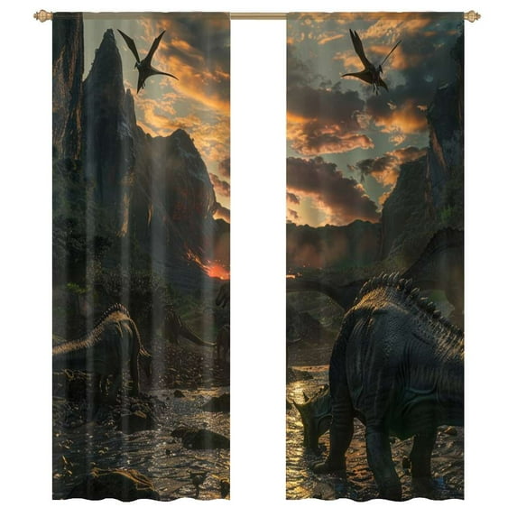 Dinosaur Filled Ancient Jungle Modern Tulle Window Curtains for Living ...