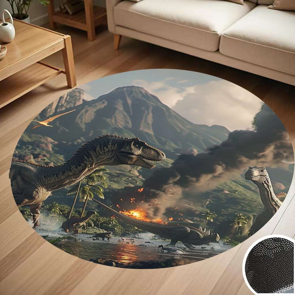 Dinosaur Filled Ancient Jungle Round Carpet Living Room Bedroom Home ...