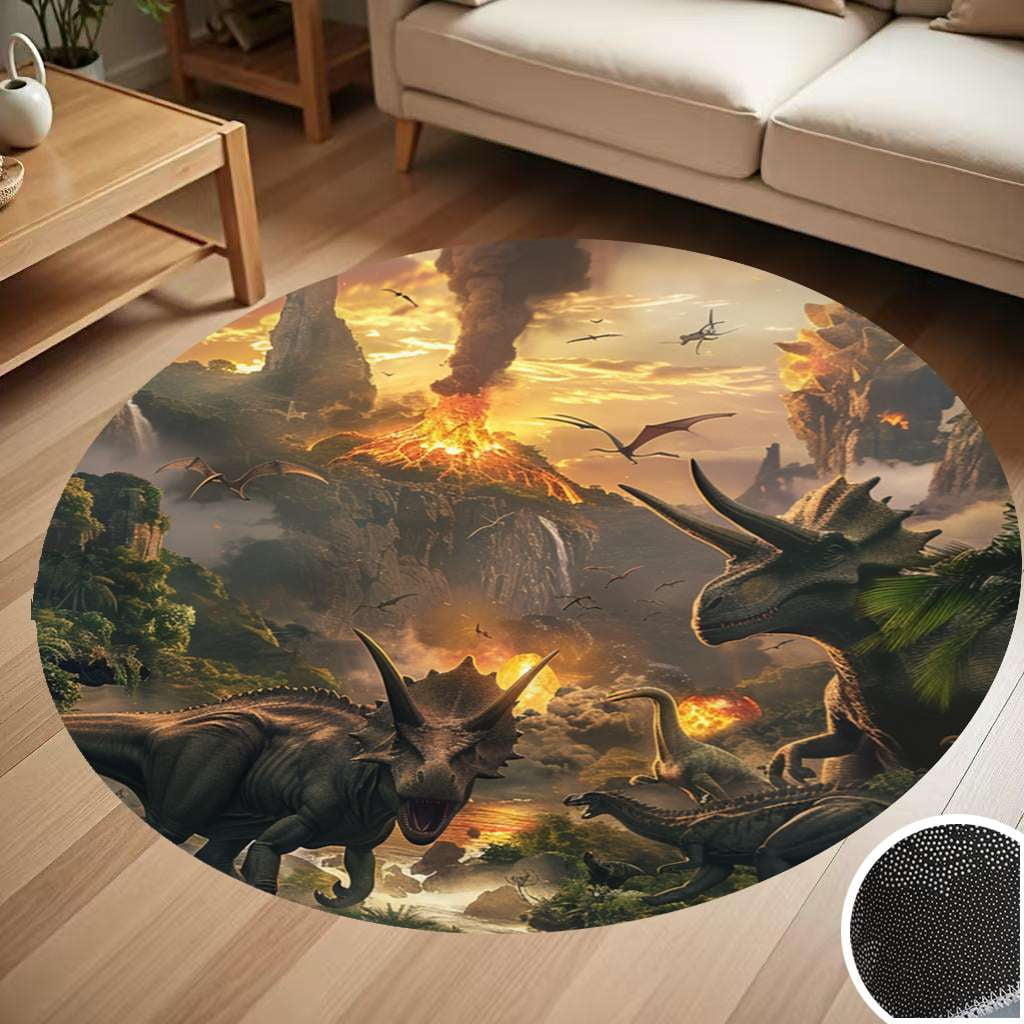 Dinosaur Filled Ancient Jungle Round Carpet Living Room Bedroom Home ...