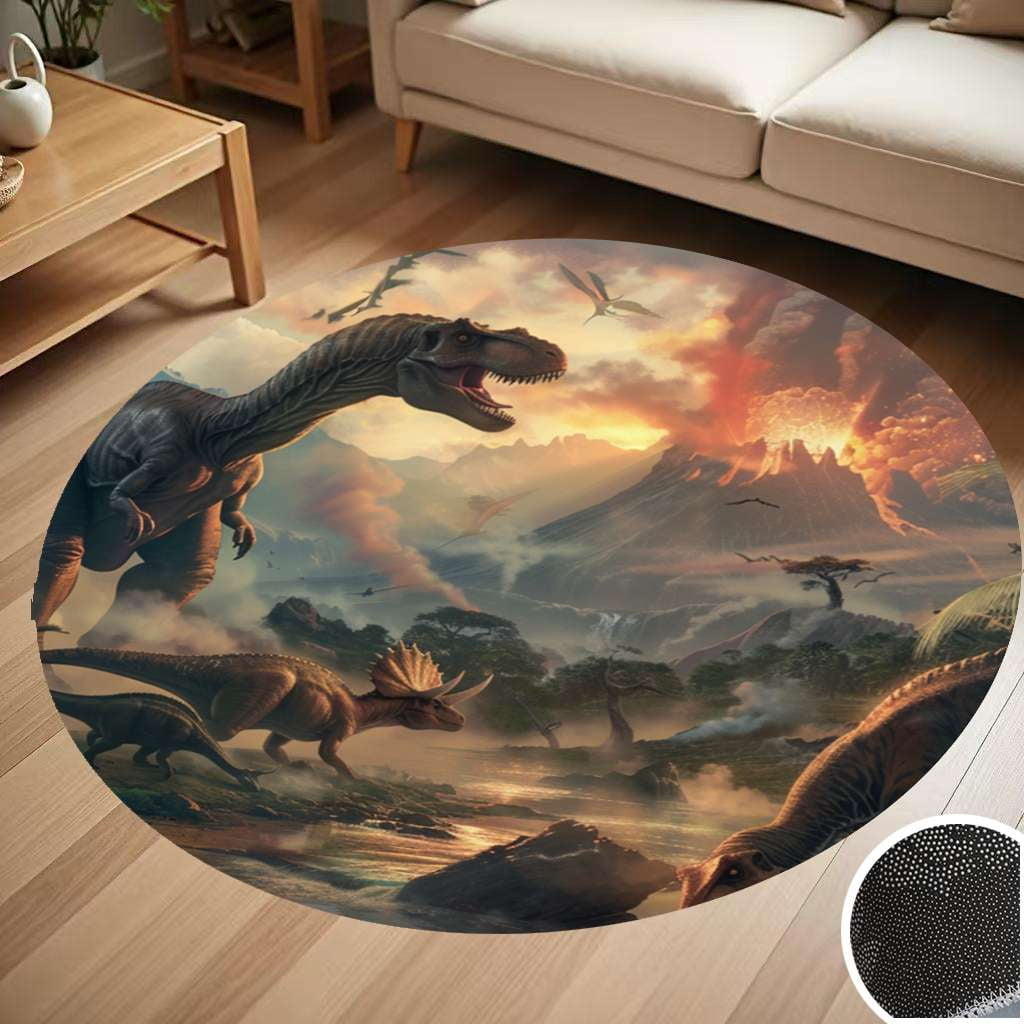 Dinosaur Filled Ancient Jungle Round Carpet Living Room Bedroom Home ...