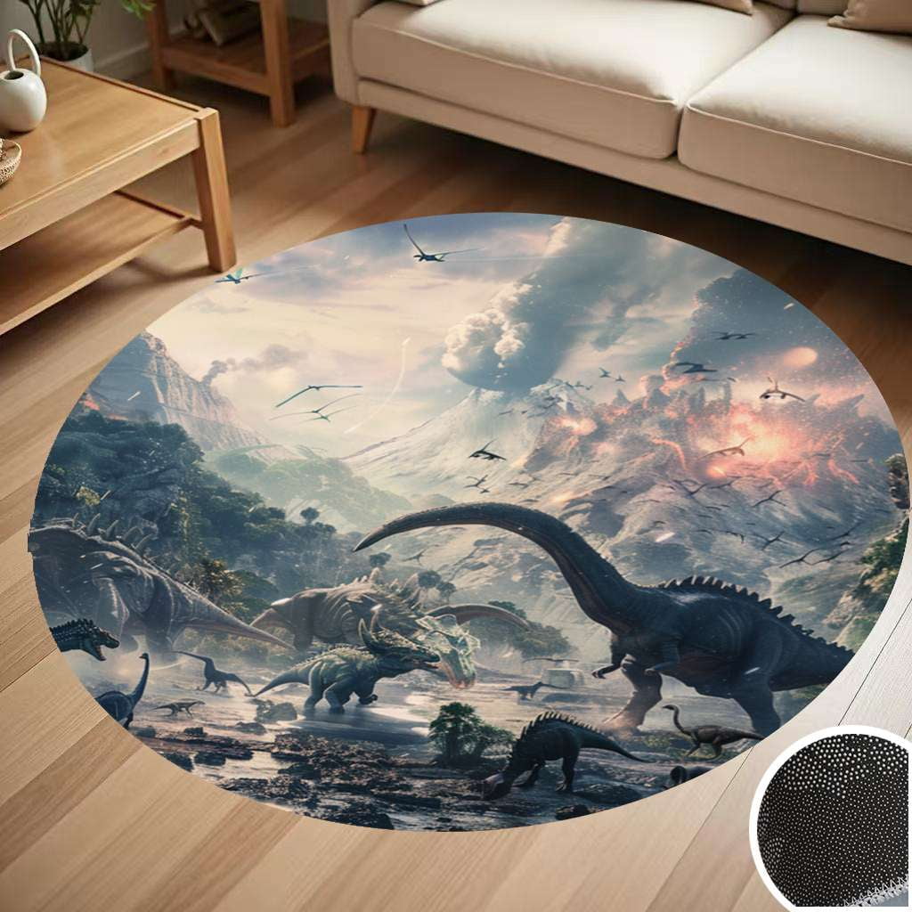 Dinosaur Filled Ancient Jungle Round Carpet Living Room Bedroom Home ...