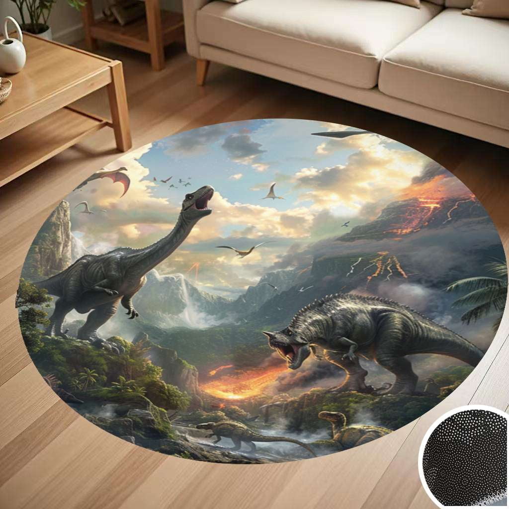 Dinosaur Filled Ancient Jungle Round Carpet Living Room Bedroom Home ...