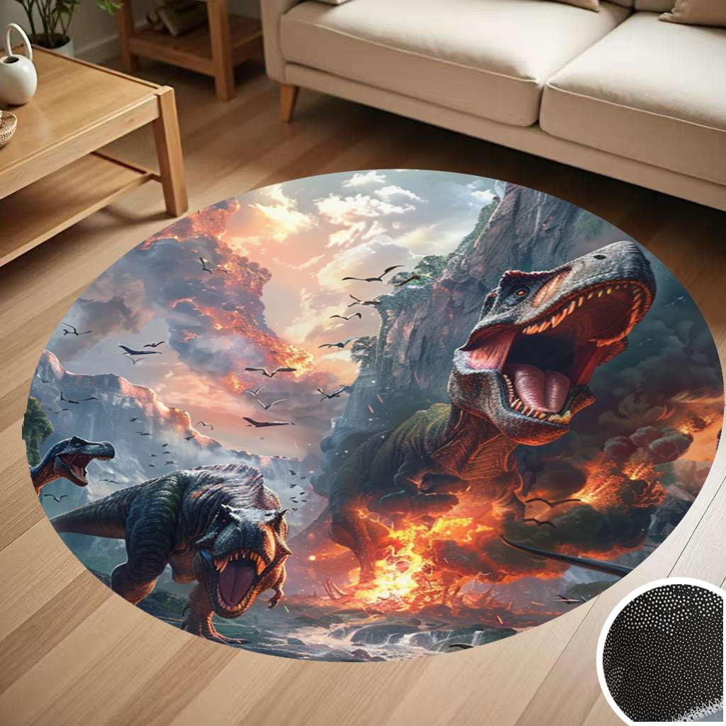 Dinosaur Filled Ancient Jungle Round Carpet Living Room Bedroom Home ...