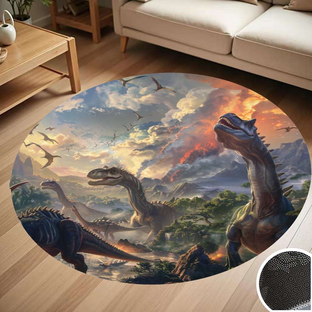 Dinosaur Filled Ancient Jungle Round Carpet Living Room Bedroom Home ...