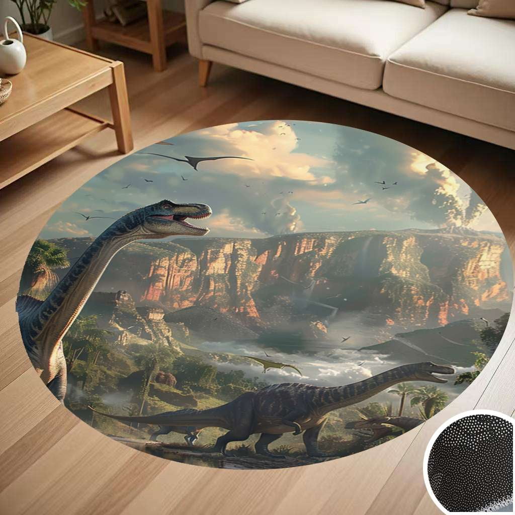 Dinosaur Filled Ancient Jungle Round Carpet Living Room Bedroom Home ...