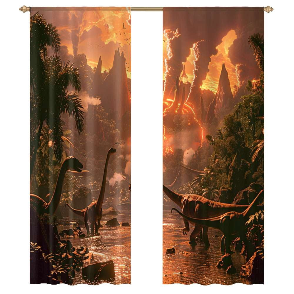Dinosaur Filled Ancient Jungle Sheer Voile Curtain Window Tulle ...
