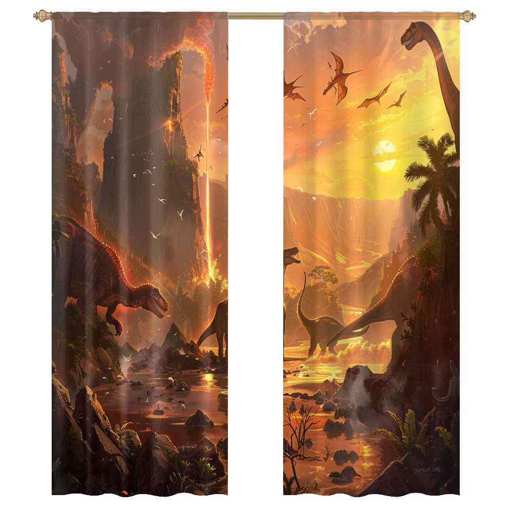 Dinosaur Filled Ancient Jungle Sheer Window Curtains for Living Room ...