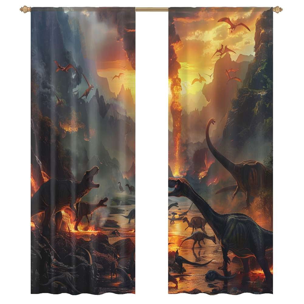 Dinosaur Filled Ancient Jungle Sheer Window Curtains for Living Room ...