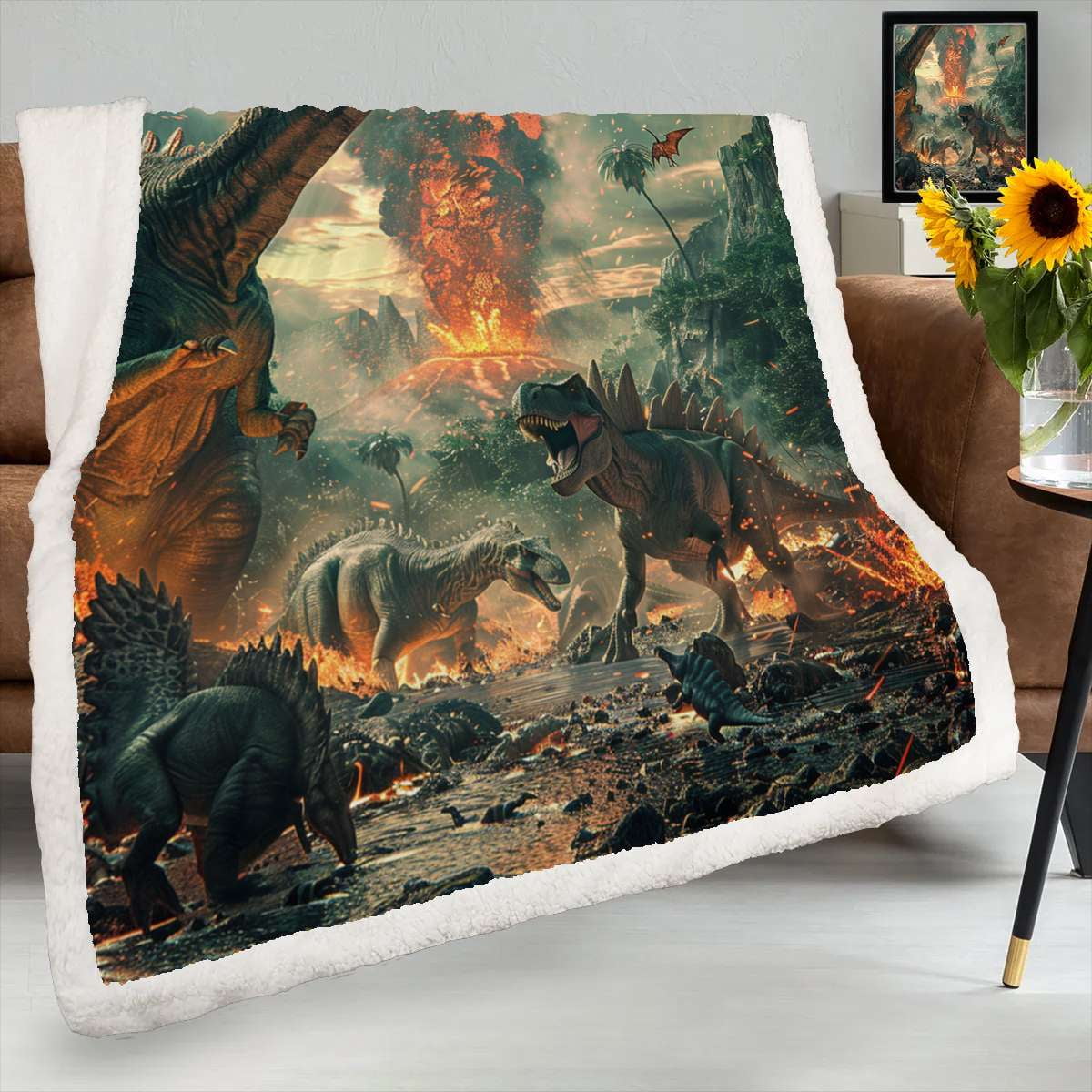 Dinosaur Filled Ancient Jungle Sherpa Blanket Throw Blanket For Bed ...