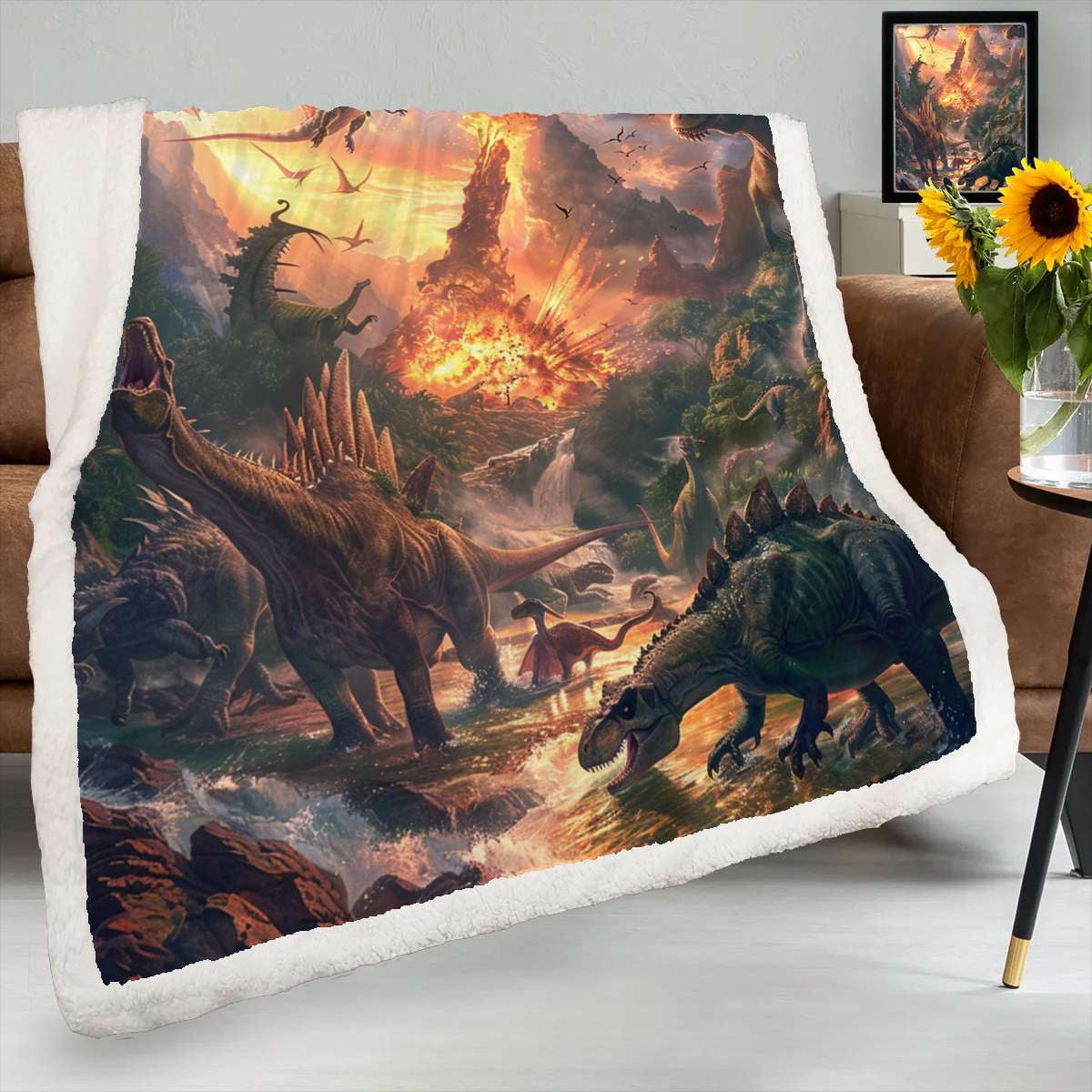 Dinosaur Filled Ancient Jungle Sherpa Blanket Throw Blanket For Bed ...