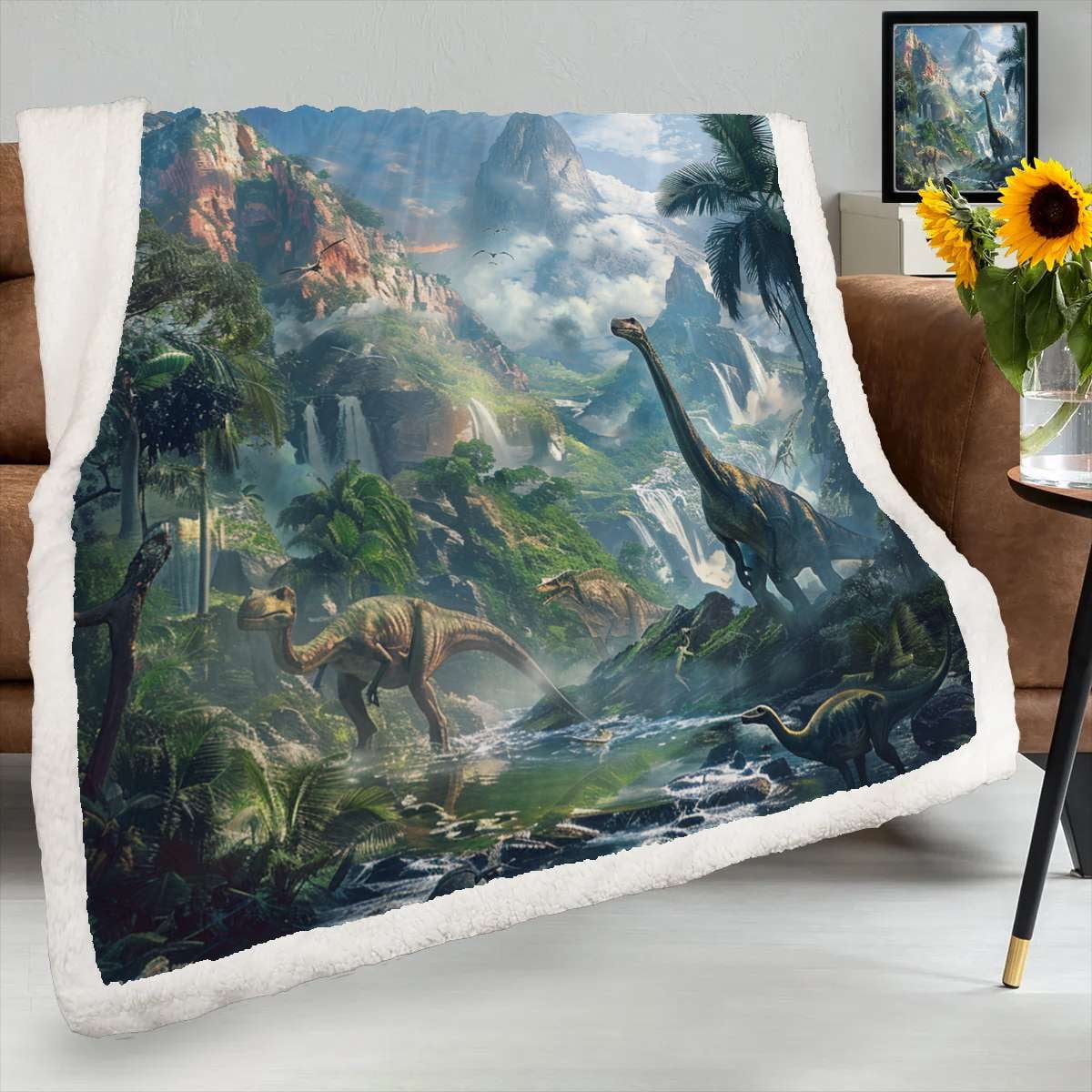 Dinosaur Filled Ancient Jungle Sherpa Blanket Throw Blanket For Bed ...