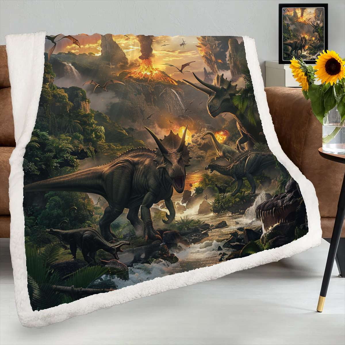 Dinosaur Filled Ancient Jungle Sherpa Blanket Throw Blanket For Bed ...