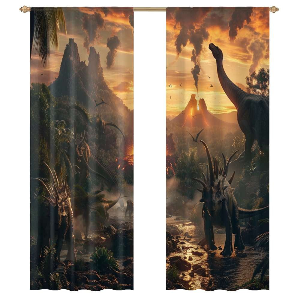 Dinosaur Filled Ancient Jungle Tulle Curtains For Living Room Chiffon ...