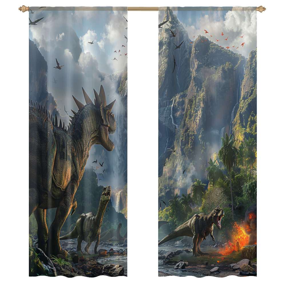 Dinosaur Filled Ancient Jungle Tulle Curtains For Living Room Chiffon ...
