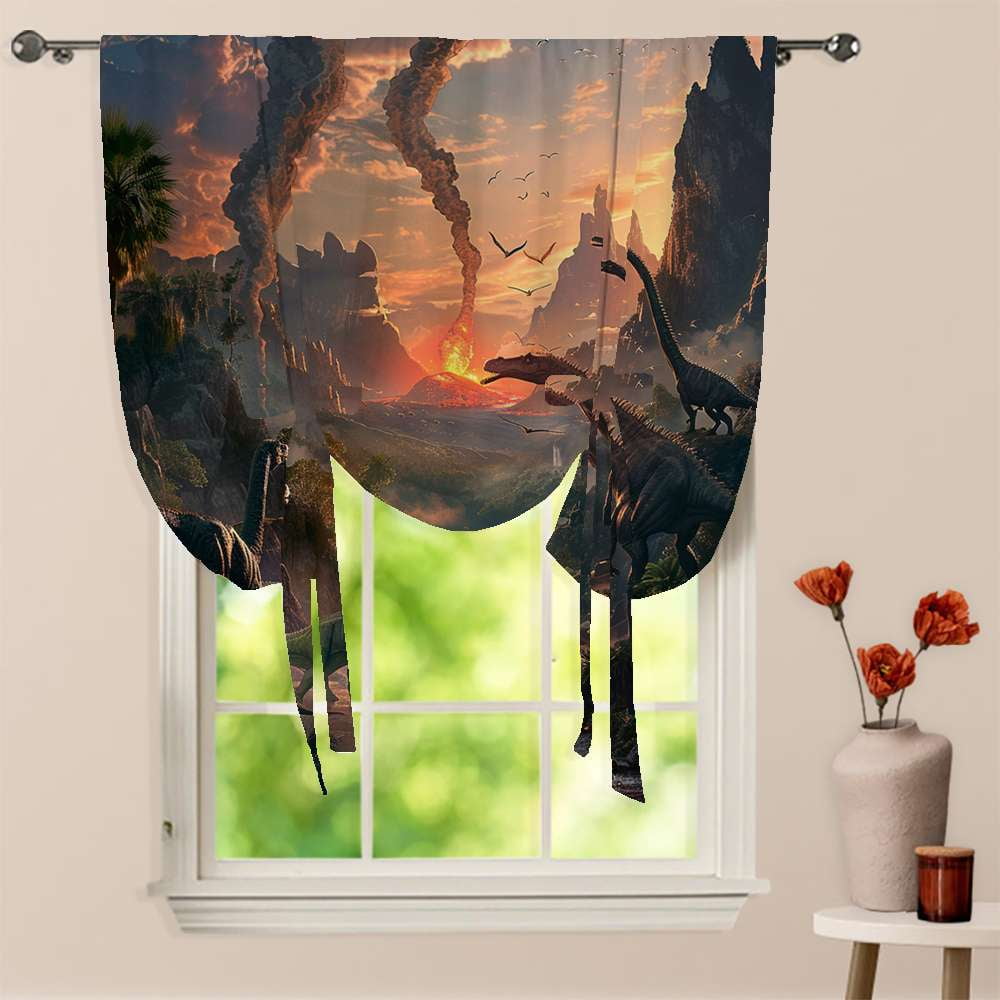 Dinosaur Filled Ancient Jungle Window Curtain for Living Room Roman ...