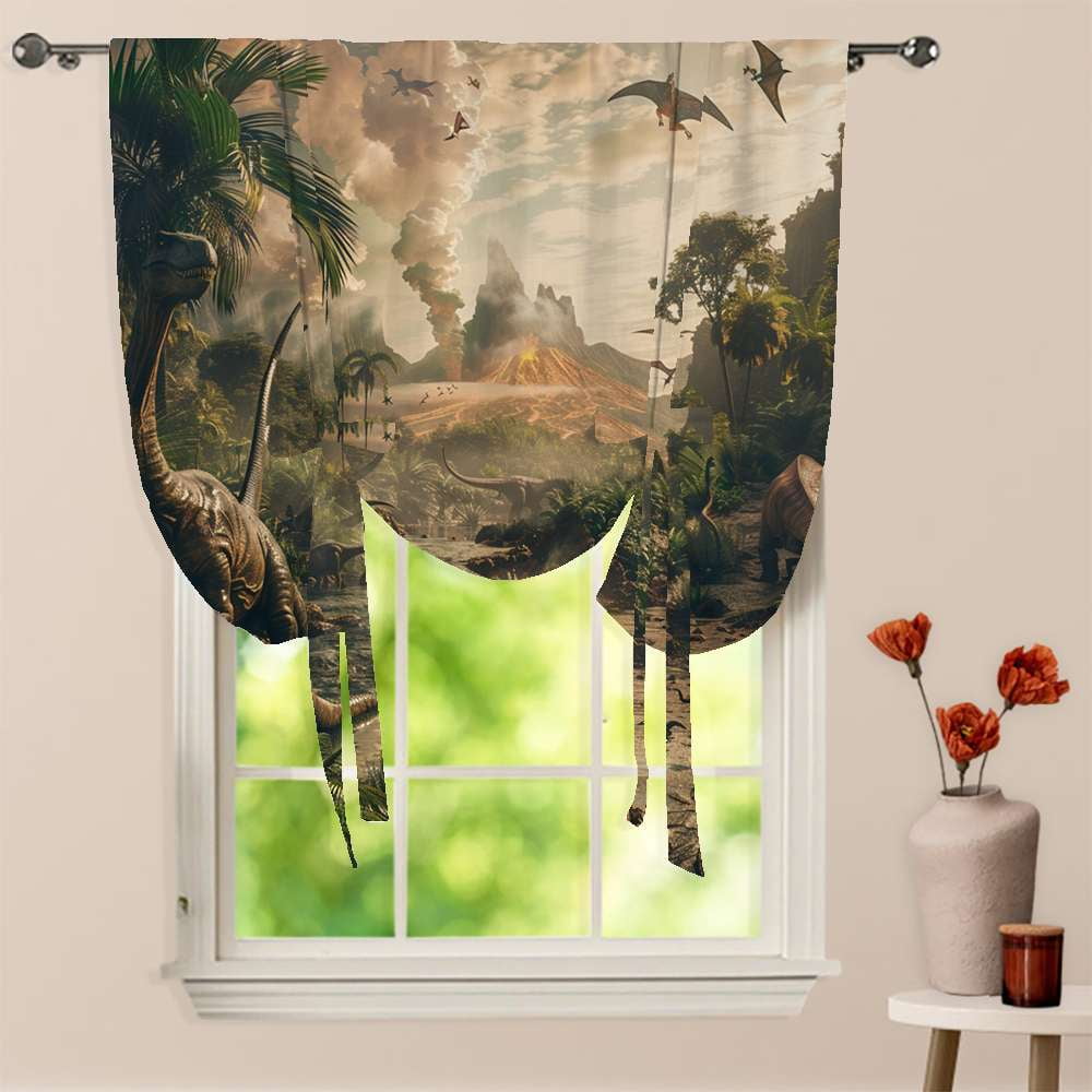 Dinosaur Filled Ancient Jungle Window Curtain for Living Room Roman ...