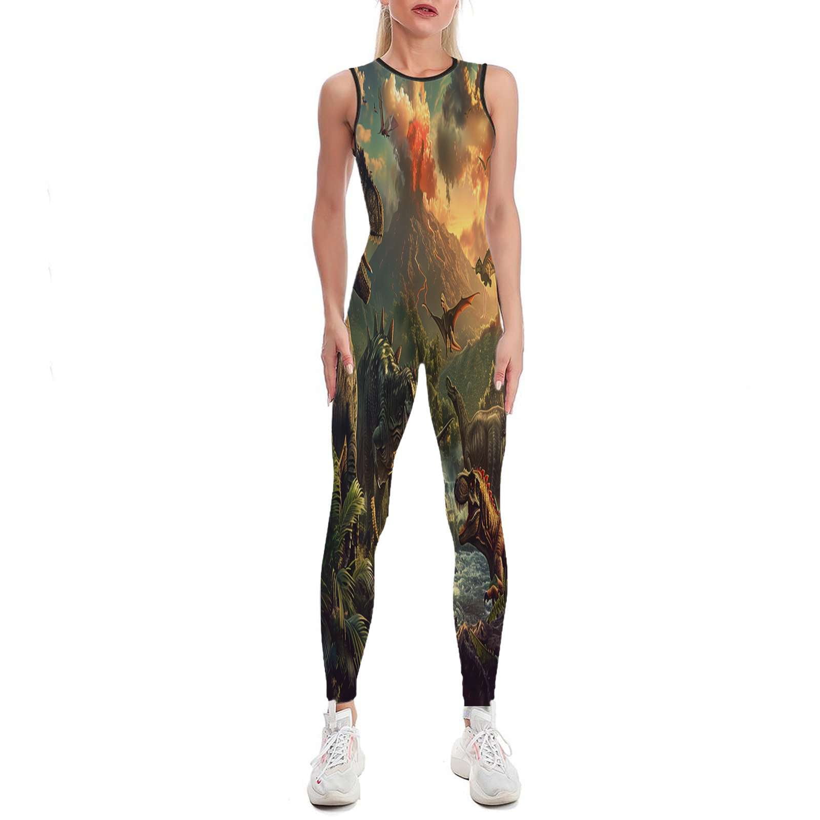 Dinosaur Filled Ancient Jungle Women's One Piece Yoga Jumpsuits ...