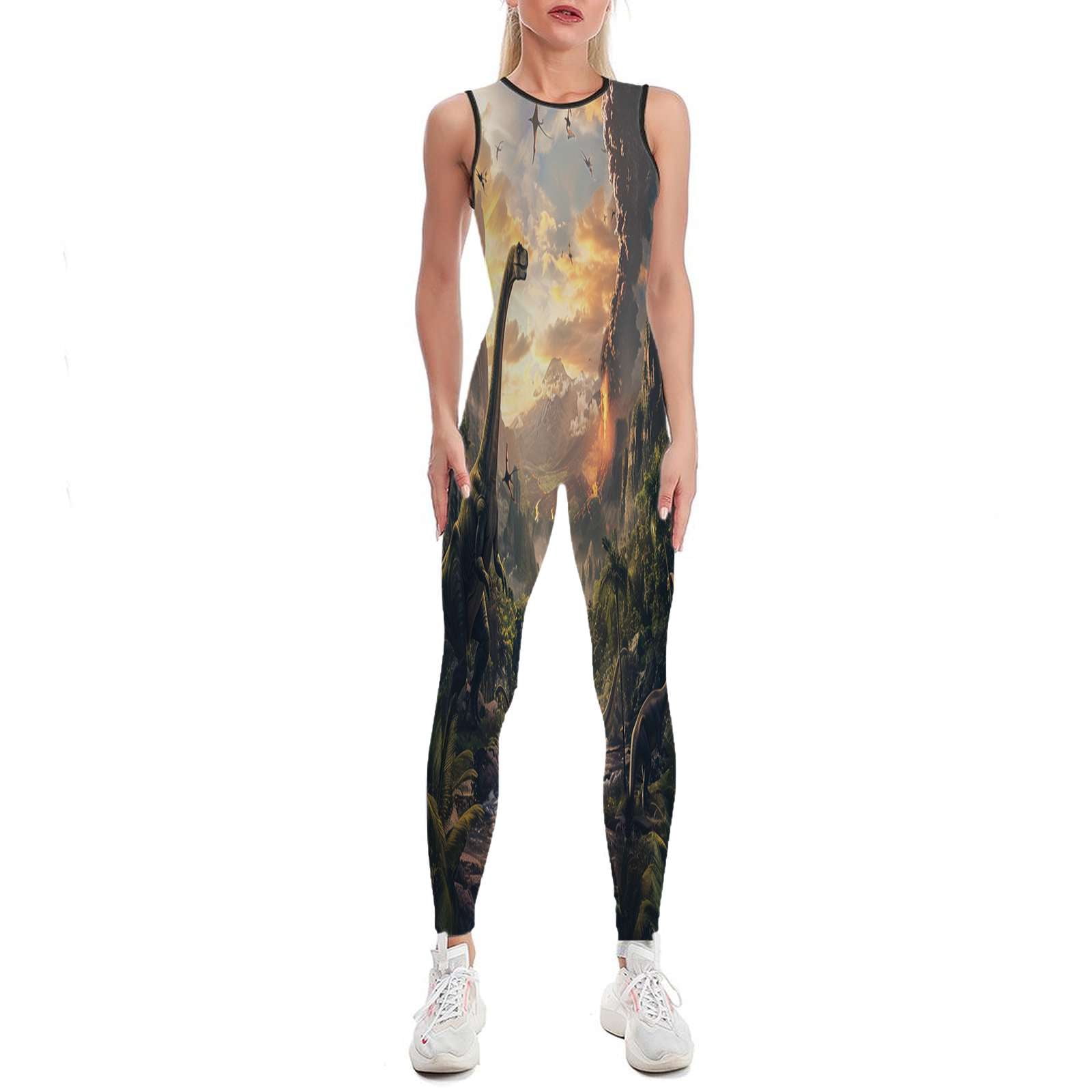 Dinosaur Filled Ancient Jungle Women's One Piece Yoga Jumpsuits ...