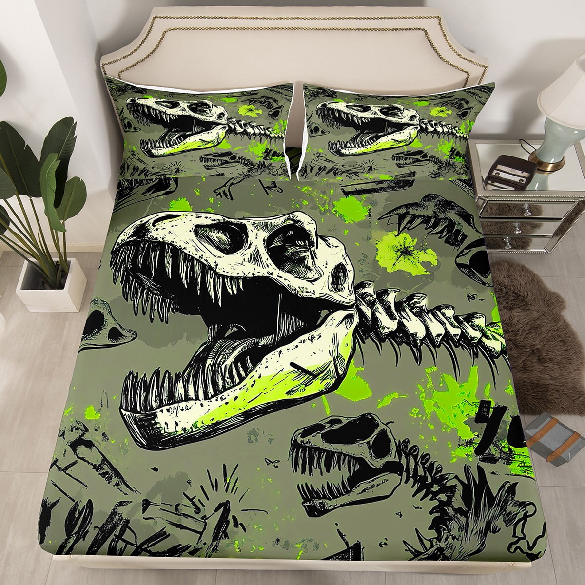 Dinosaur Fitted Sheet Gothic Dino Skull Sheets,Jungle Animal Bed Sheets ...
