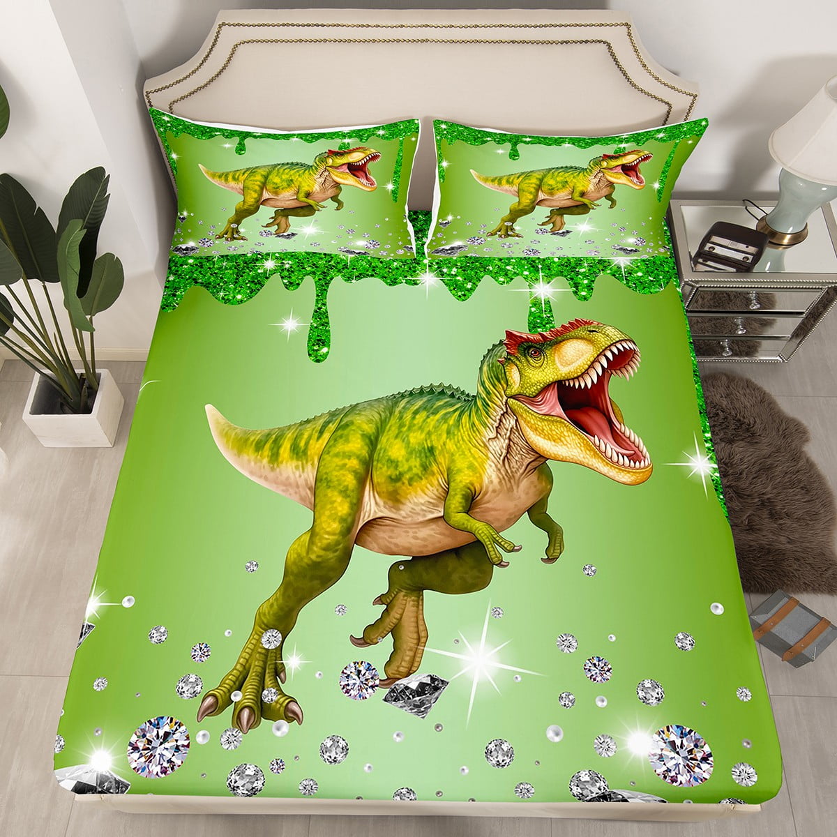 Dinosaur Fitted Sheet Green Sequin Fluid Art Sheets,Crystal Diamond Bed ...
