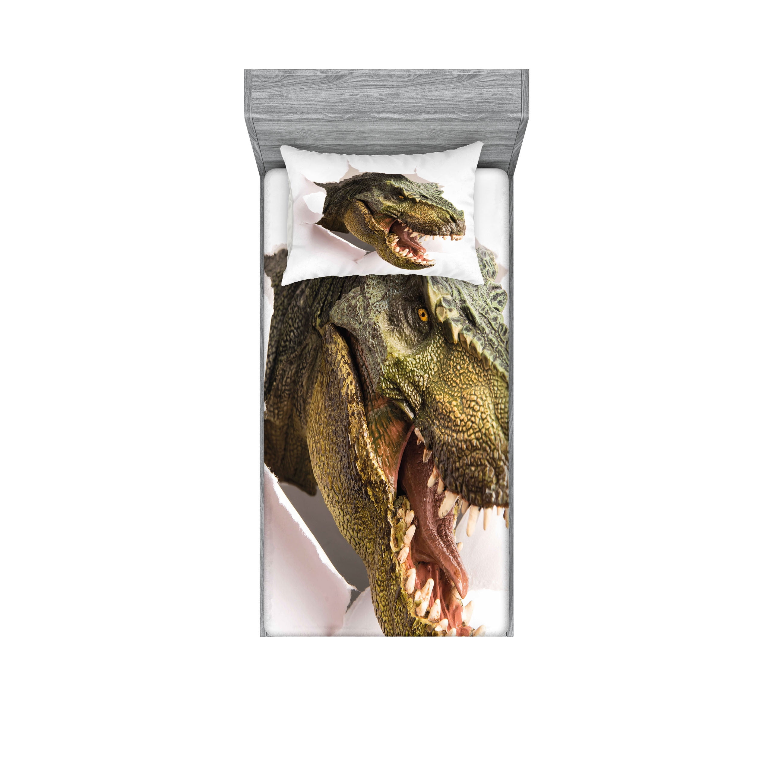 Dinosaur Fitted Sheet & Pillow Sham Set, Dangerous Dinosaur Tears up ...