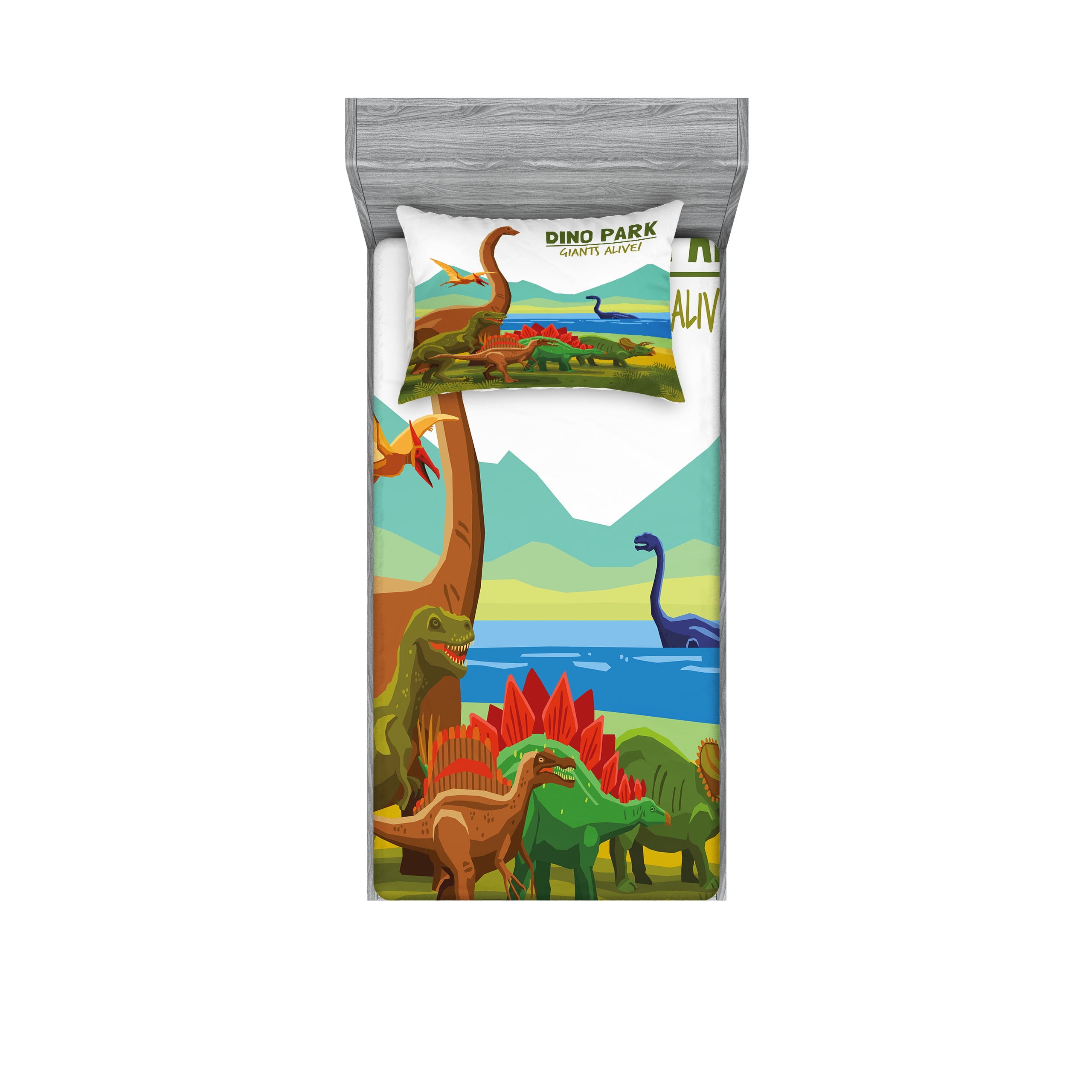 Dinosaur Fitted Sheet & Pillow Sham Set, Flying Swimming Land Dinosaurs ...