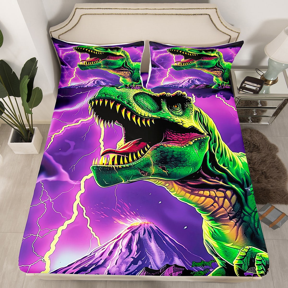 Dinosaur Fitted Sheet 3D Jungle Animal Queen Bed Sheets for Girls,Green ...