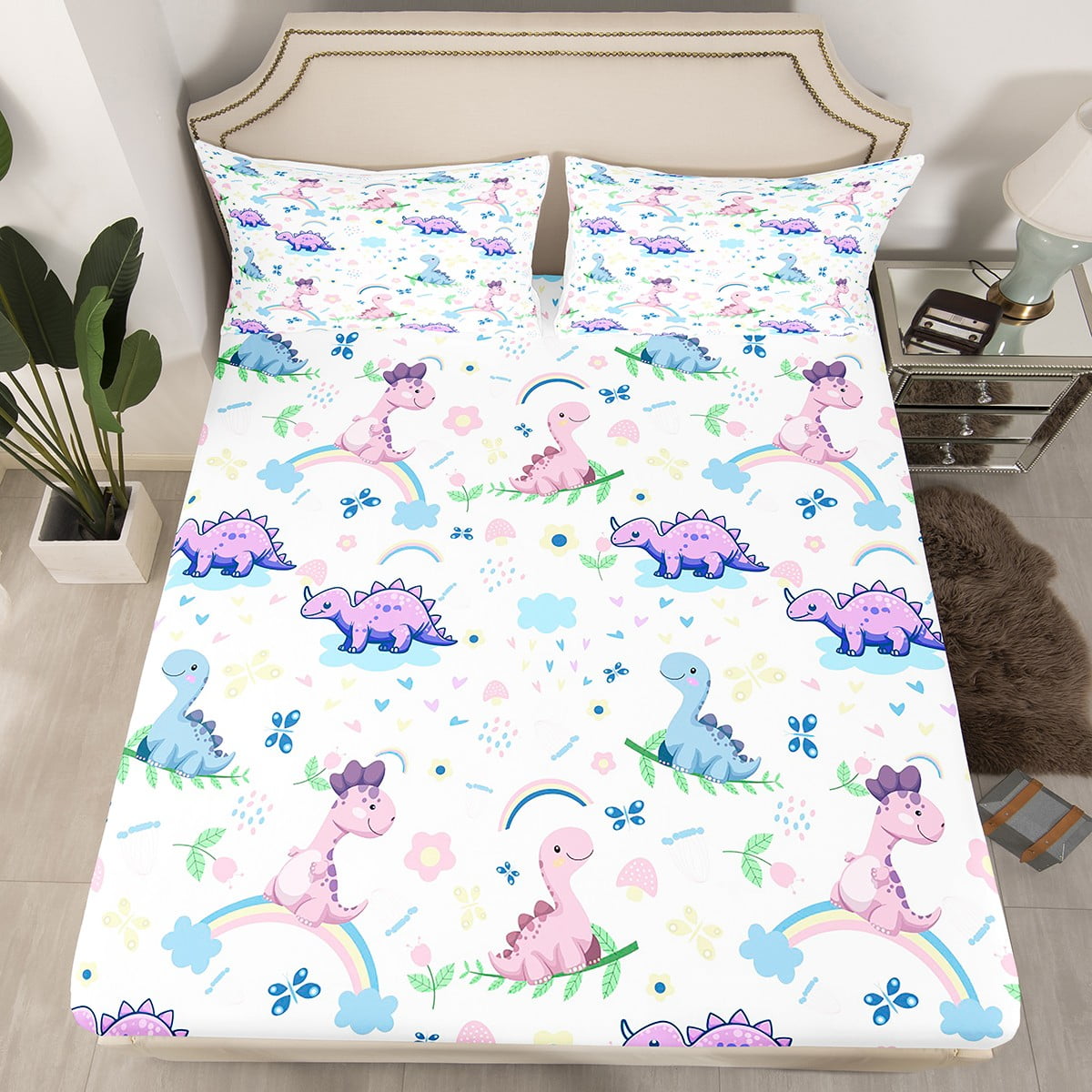 Dinosaur Fitted Sheet Butterflies Kawaii Decor,Flowers Rainbow Bedding ...