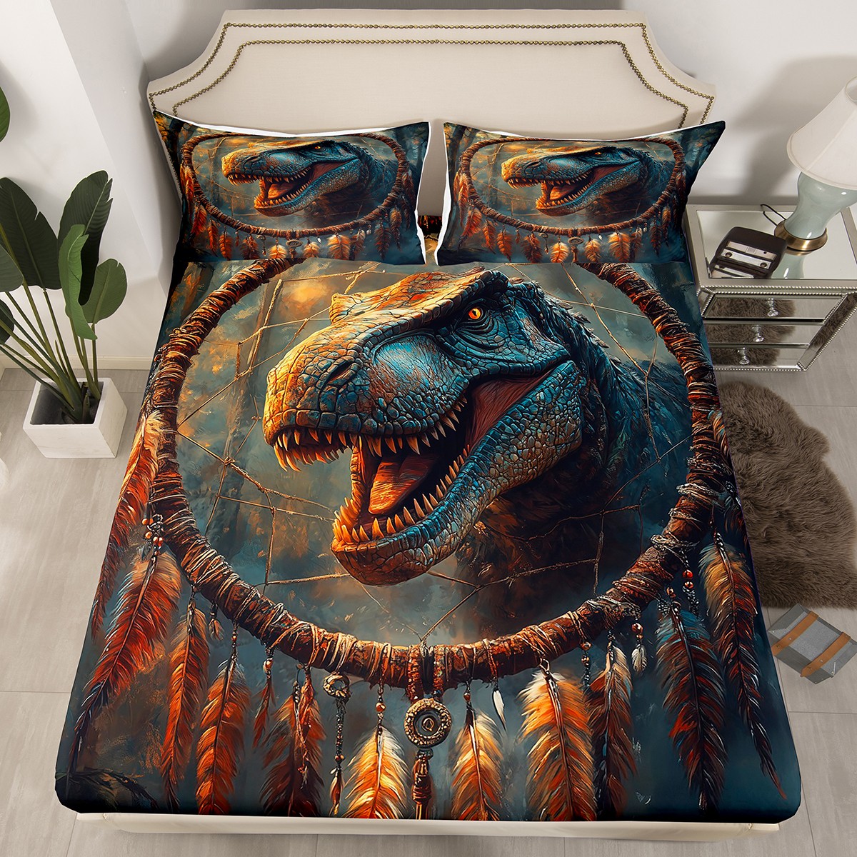 Dinosaur Fitted Sheet Dreamcatcher Sheets,Boho Feather Dino Bed Sheets ...