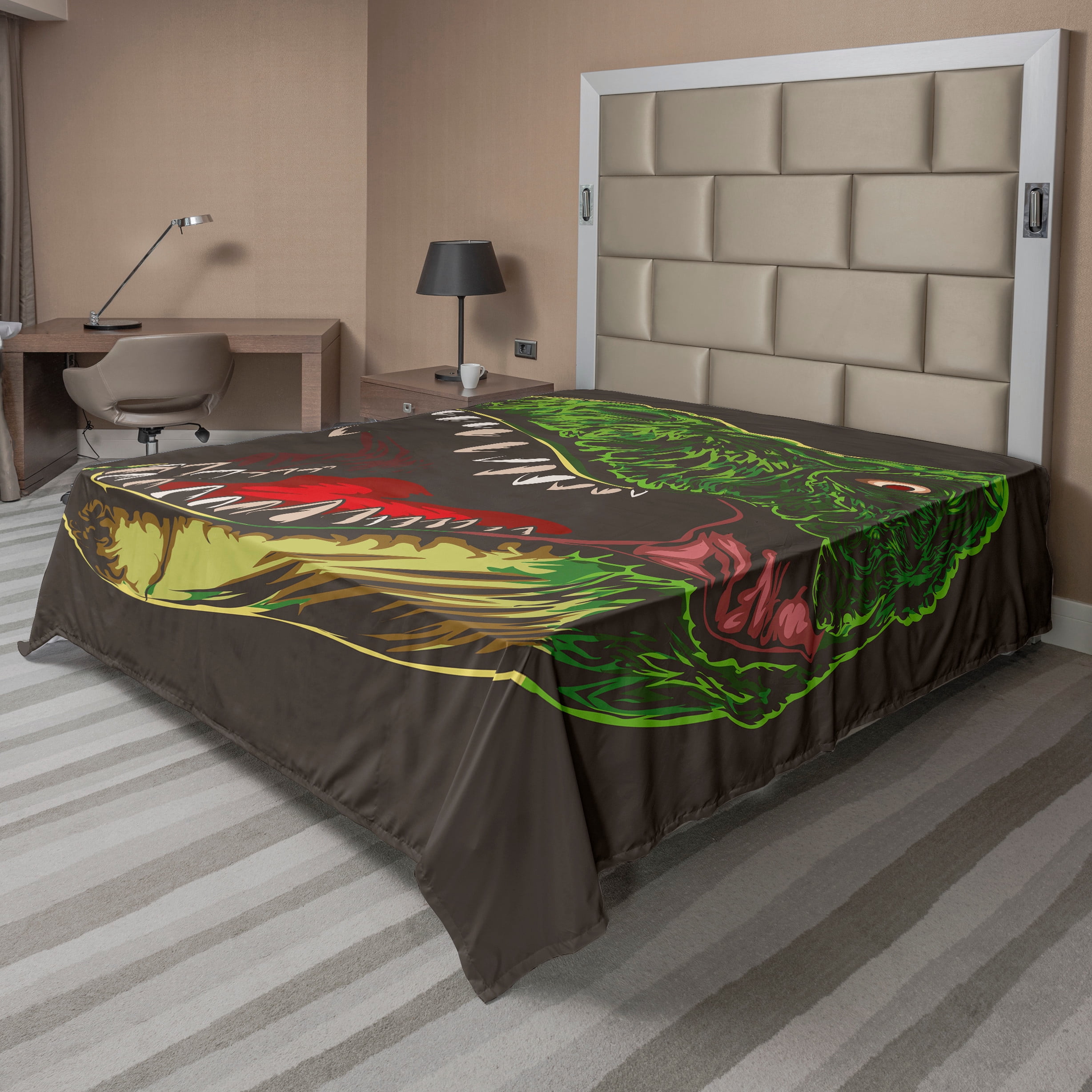 Ambesonne Dinosaur Flat Sheet, Jurassic Wilderness T-Rex, Queen Size ...