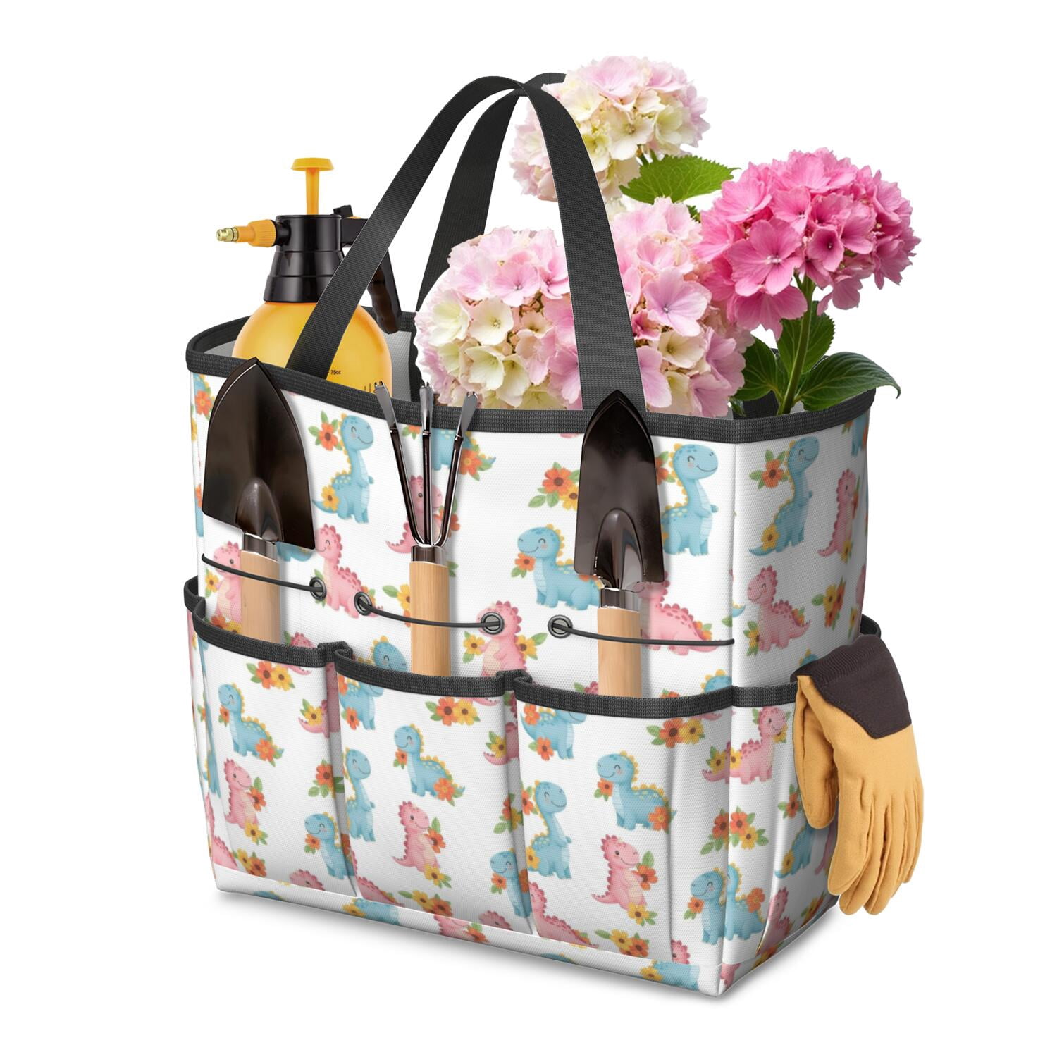Dinosaur and Floral White Pattern Garden Tool Bag, Garden Supply Caddy ...