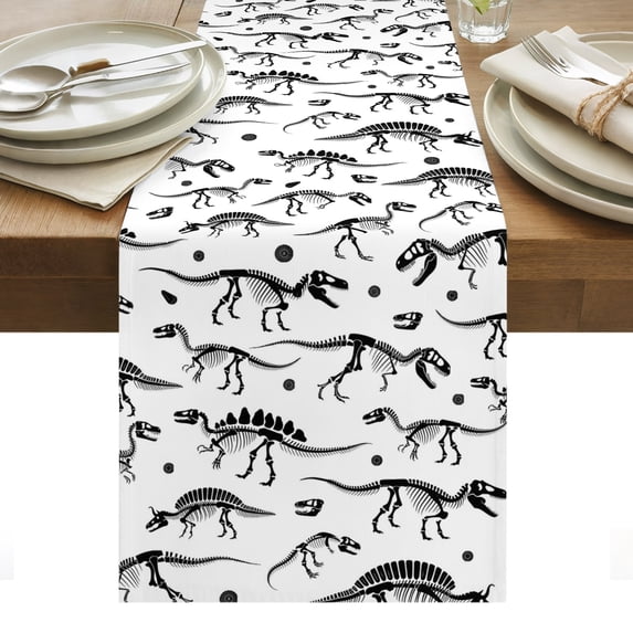 Dinosaur Fossils Cotton Linen Table Runner Hand-Painting Lines Black ...
