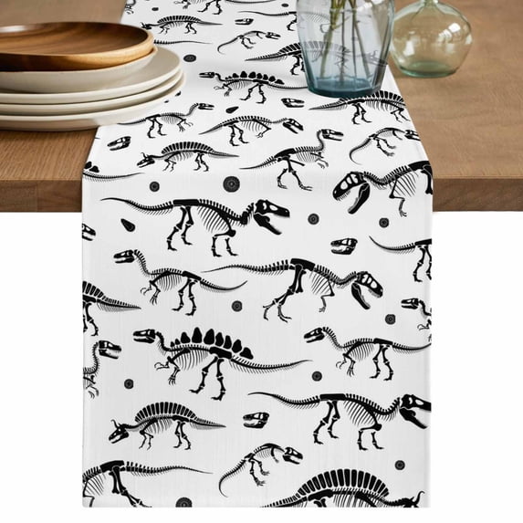 Dinosaur Fossils Table Runner 36 Inches, White Black Ancient Animals ...