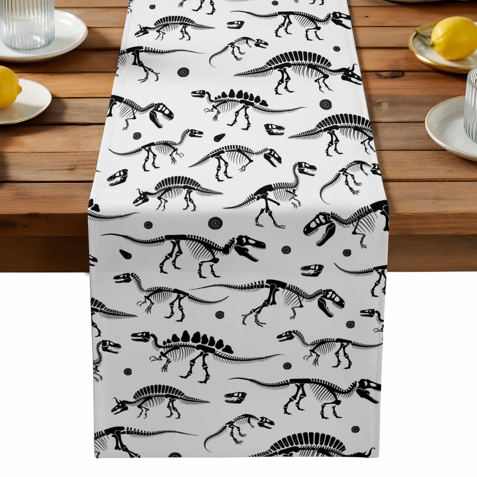 Dinosaur Fossils Table Runner, Hand-Painting Lines Black Dinosaurs ...