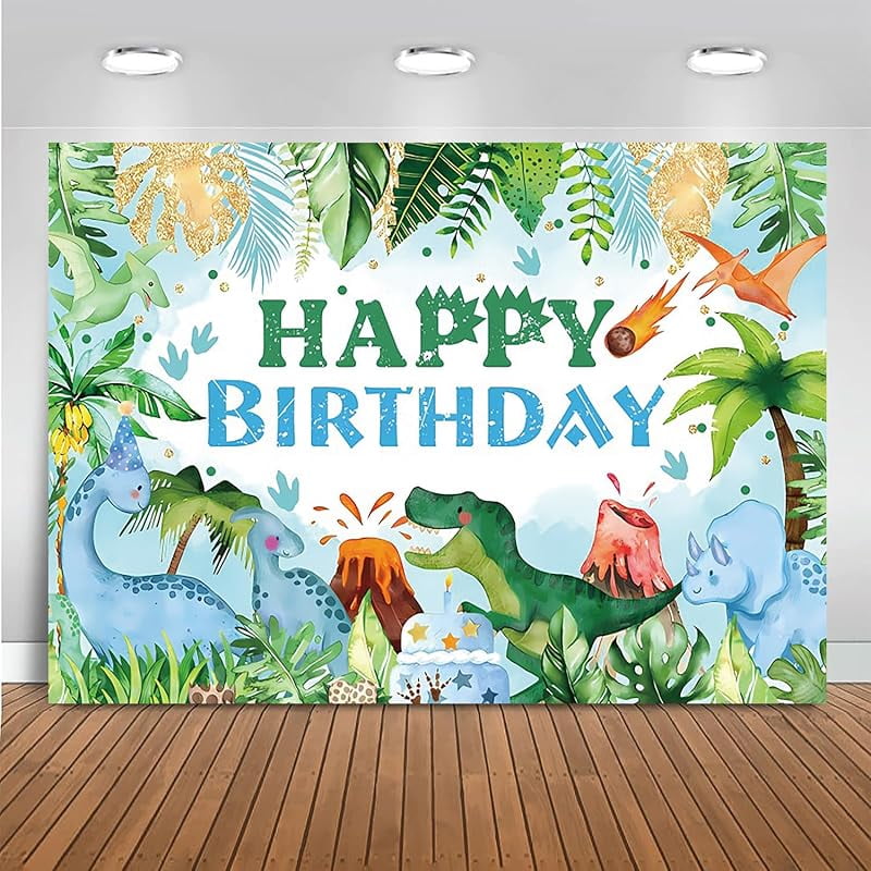 Dinosaur Happy Birthday Backdrop Dinosaurs Palm Leaves Volcano Photography Background Kids ...