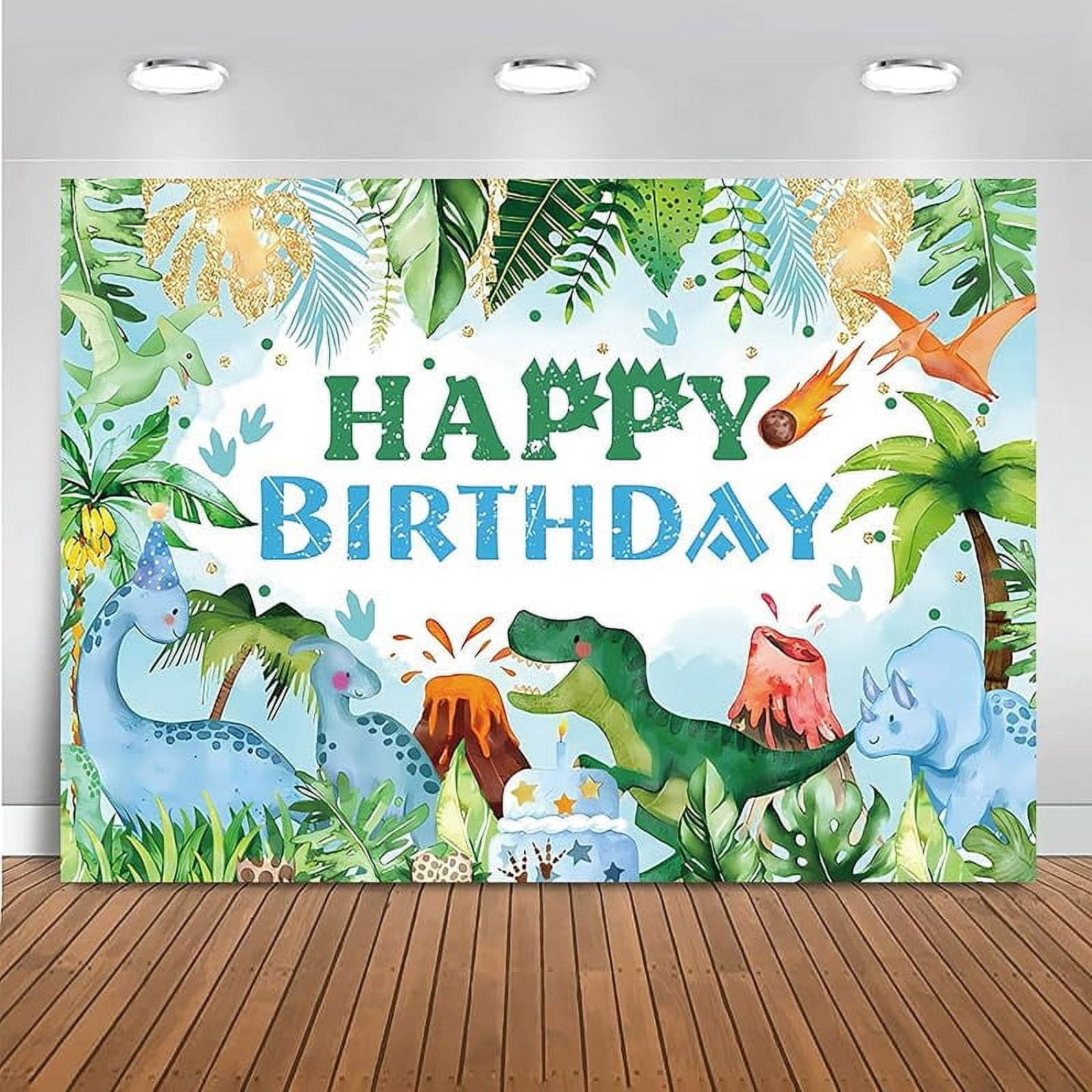 Dinosaur Happy Birthday Backdrop Dinosaurs Palm Leaves Volcano ...