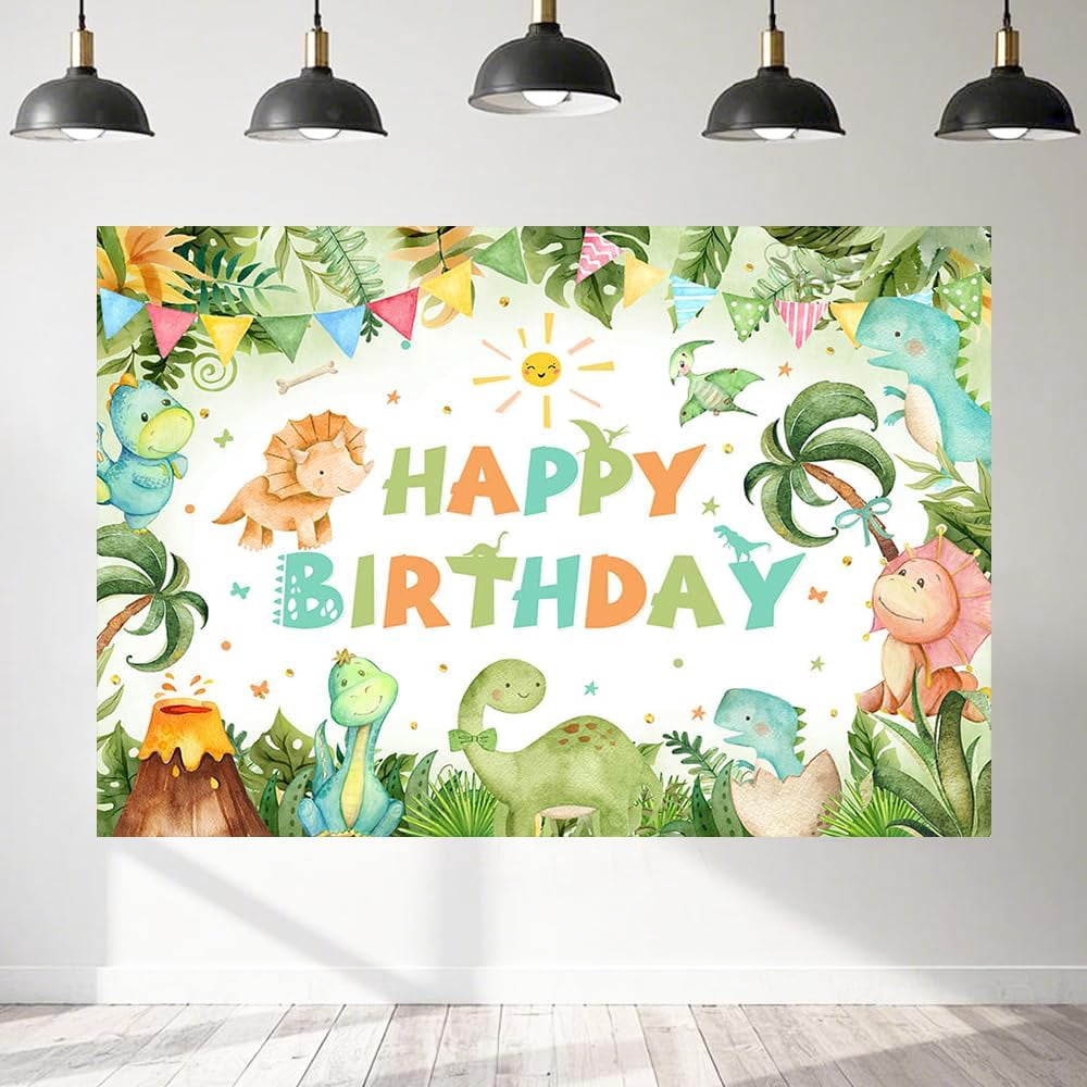 Dinosaur Happy Birthday Backdrop Watercolor Jungle Dinosaur Theme ...