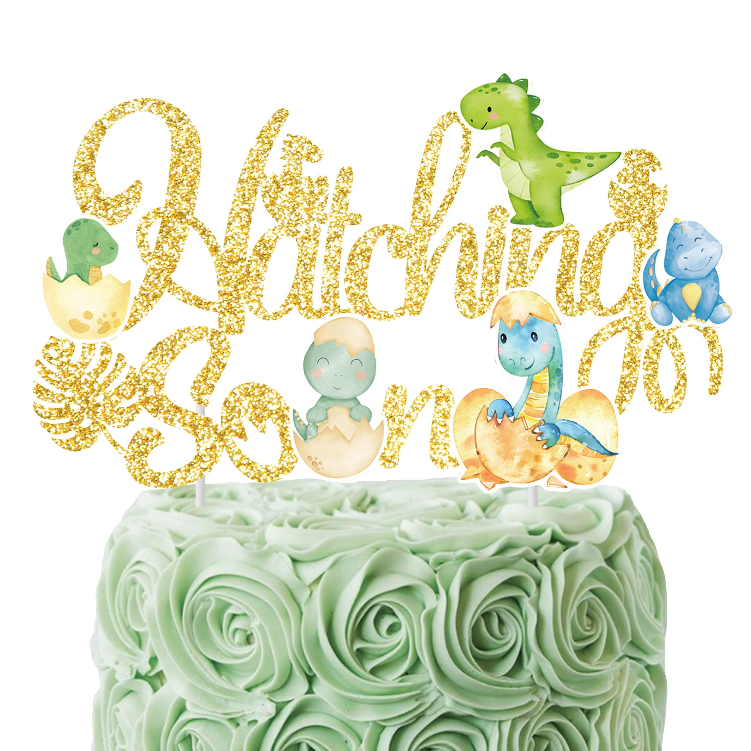 Dinosaur Hatching Soon TWE5 Cake Topper Gold Baby Dinosaur Party Cake ...