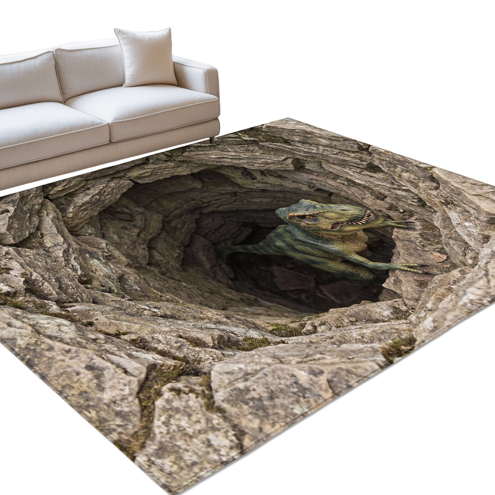 Dinosaur in Hole Area Rugs 5x7ft 3D Realistic Country Nature Cave Green ...
