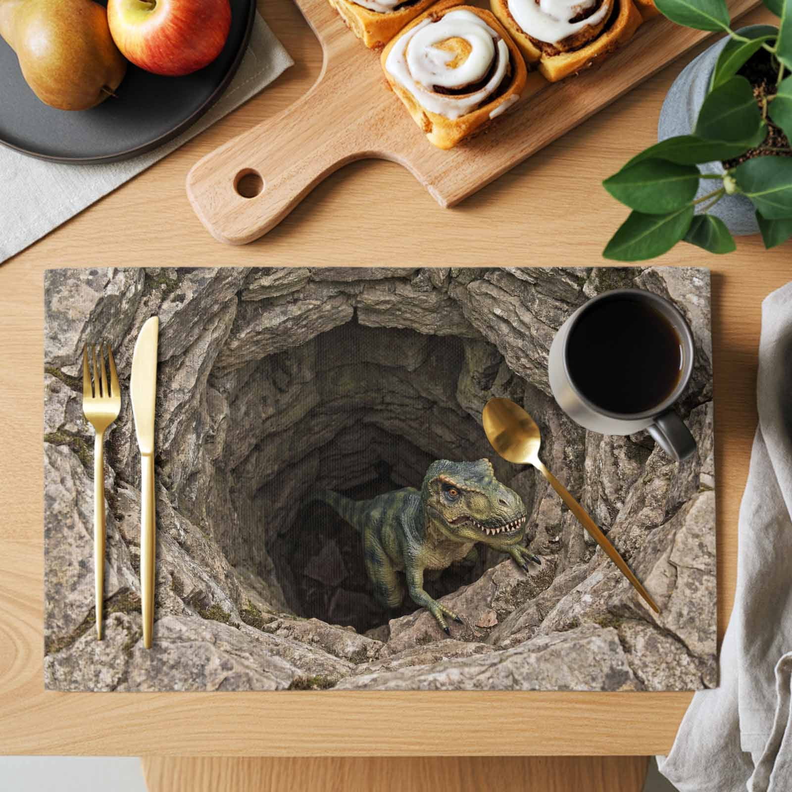 Dinosaur in Hole Placemats Set of 4, 3D Realistic Country Nature Cave ...