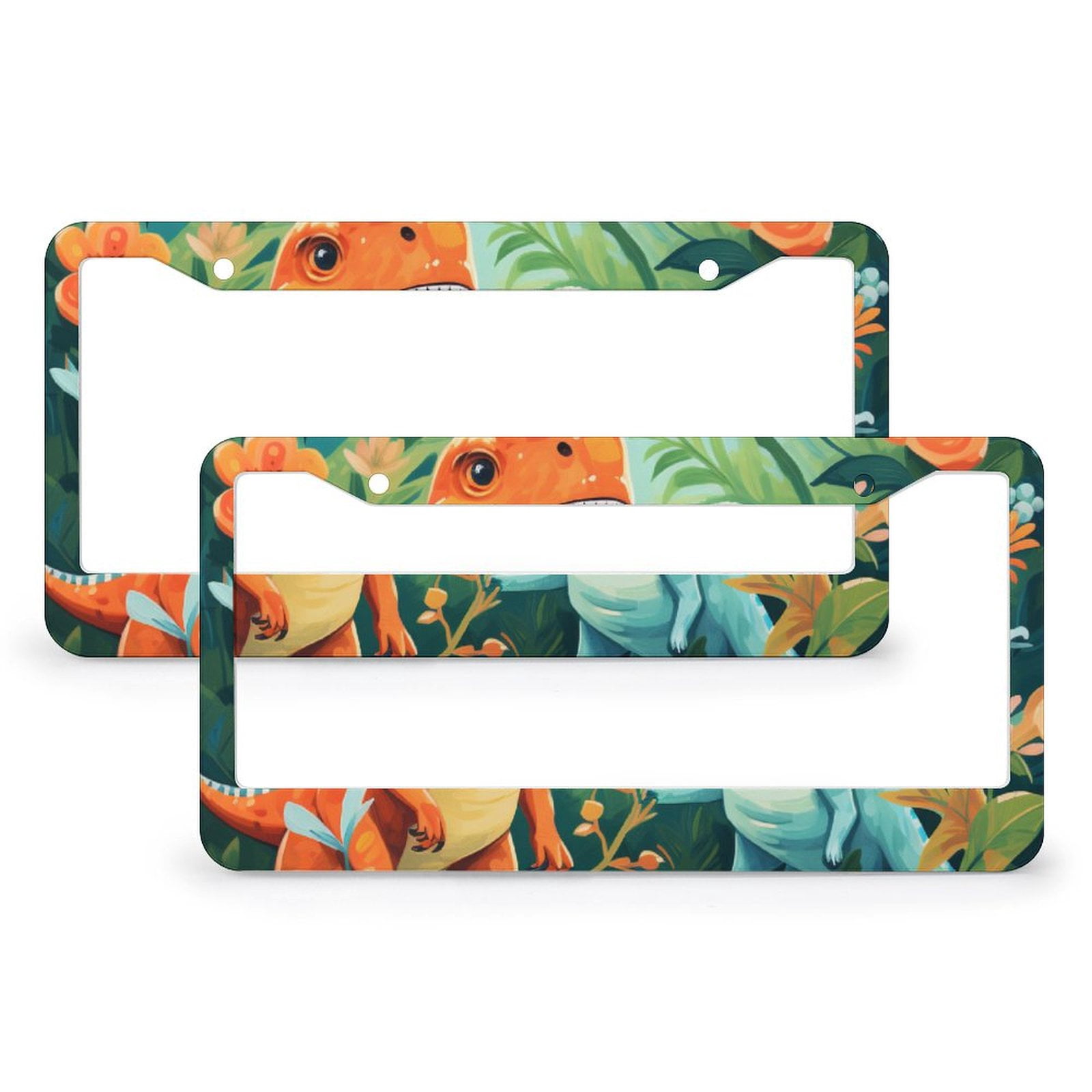 Dinosaur In The Jungle With Flowers License Plate Frame 2 Pcs Set Cute ...