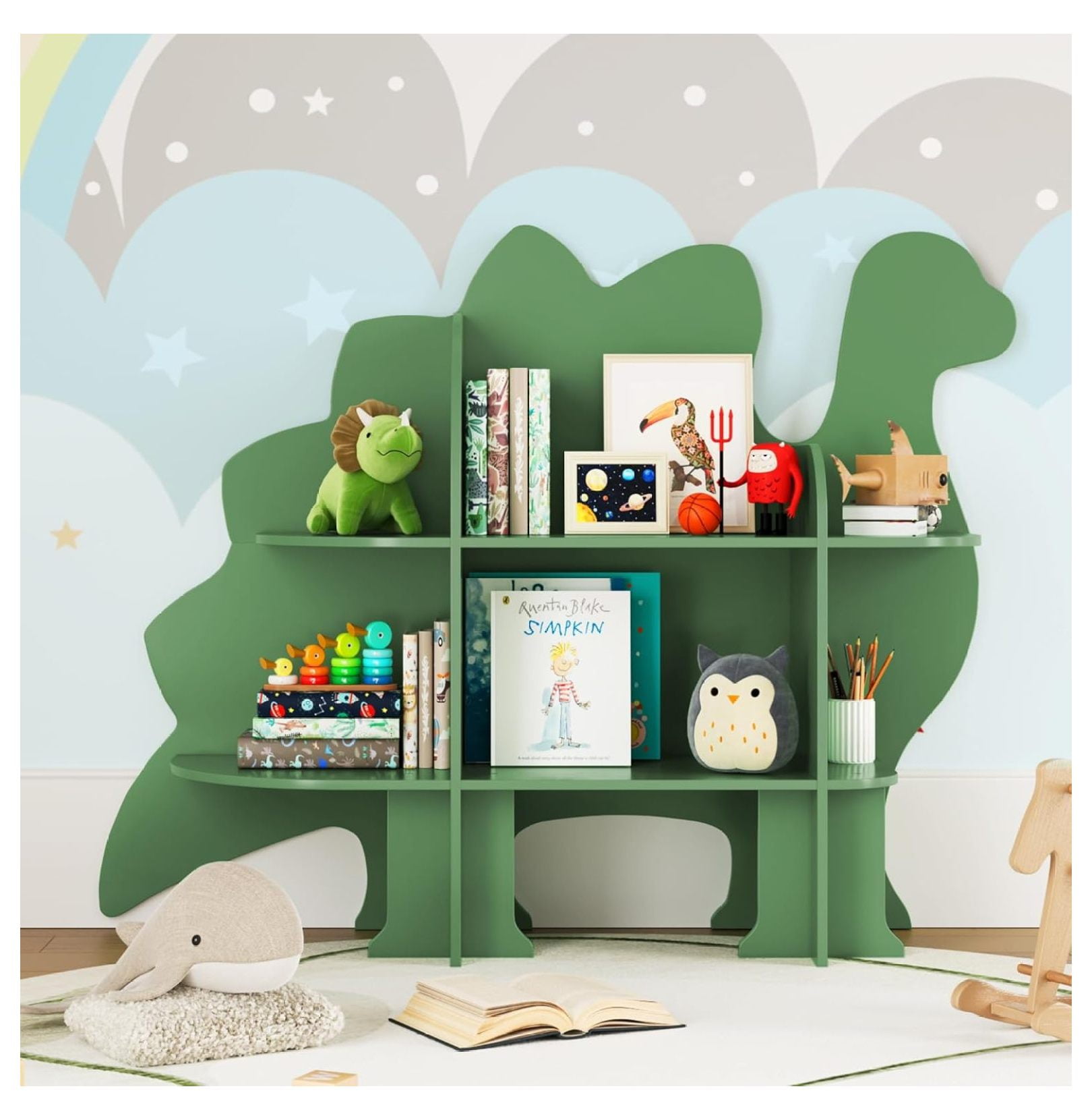Dinosaur Kids Bookshelf, 2-Tier Bookshelf for Kids, Baby Bookshelf and ...