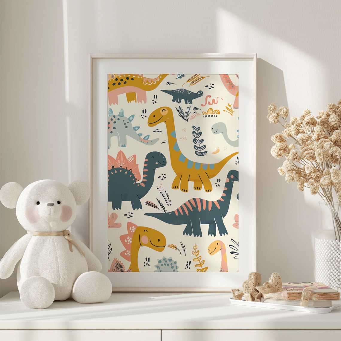 Dinosaur Kids Room Wall Art, Nursery Whimsical Decor, Playful Dinosaurs ...