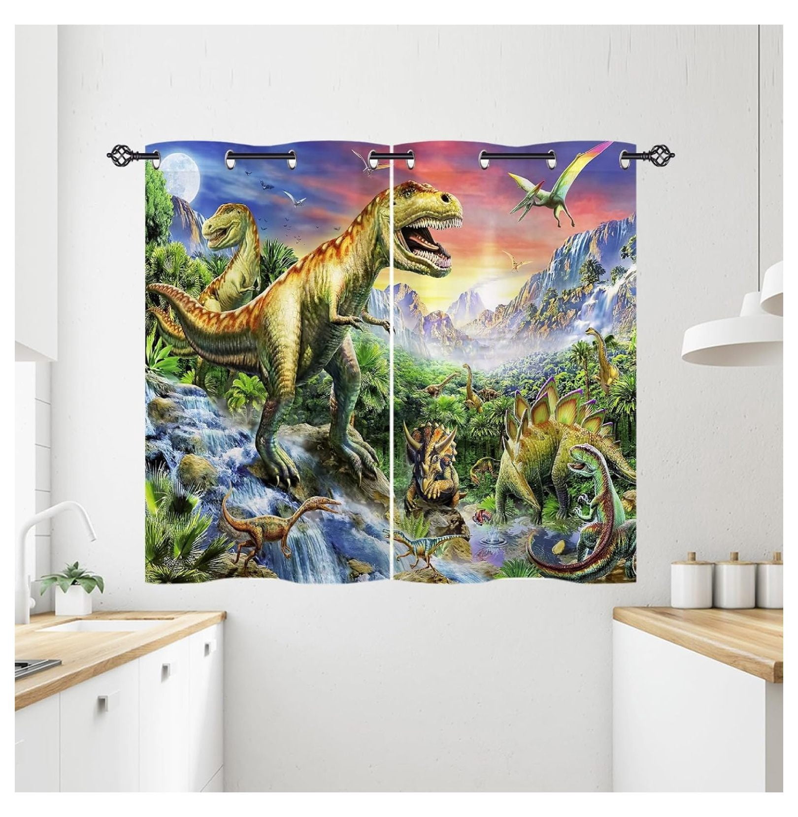 Dinosaur Kitchen Curtains Grommet Waterproof Curtain Panels Wildlife ...