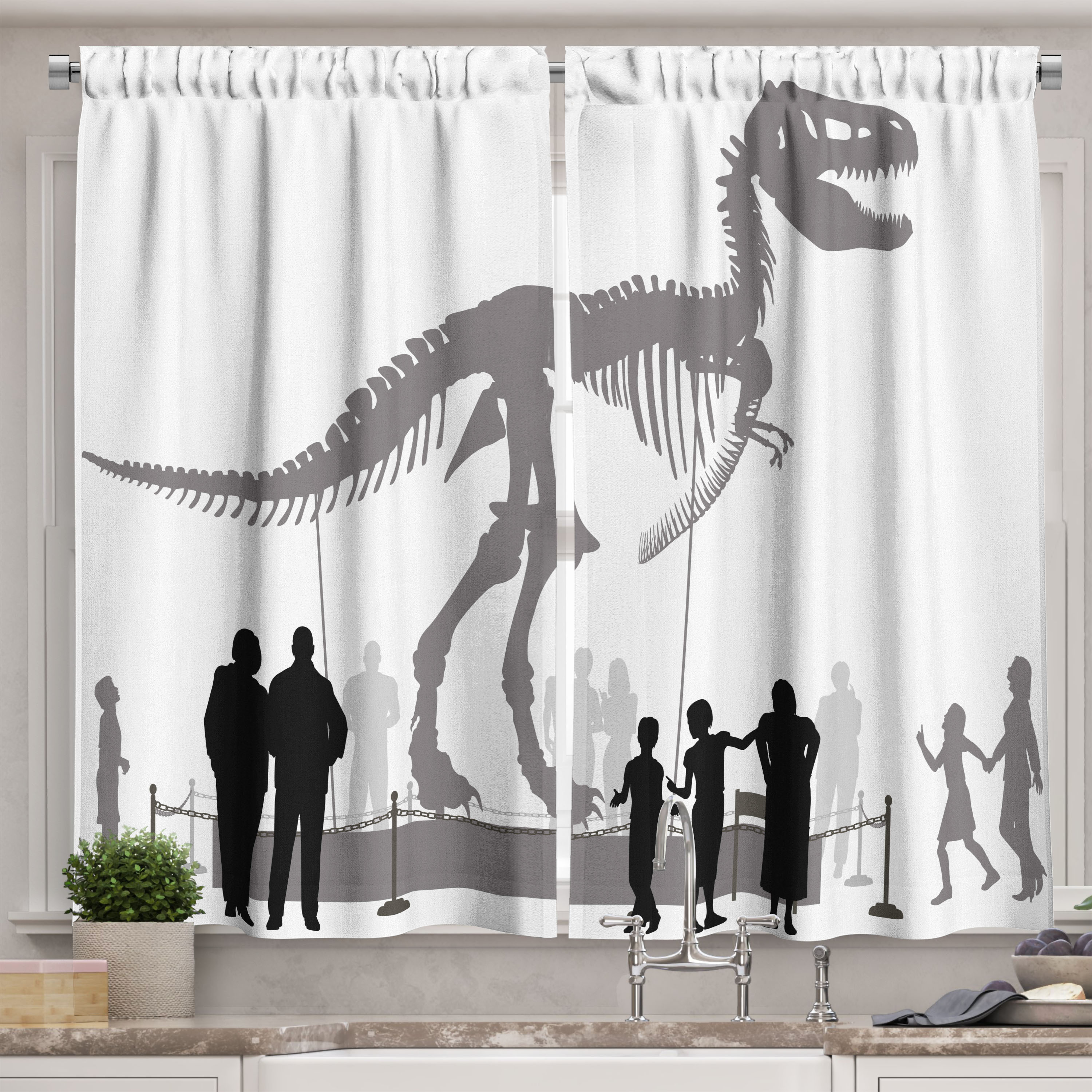 Dinosaur Kitchen Curtains, Silhouettes of People Looking at a ...