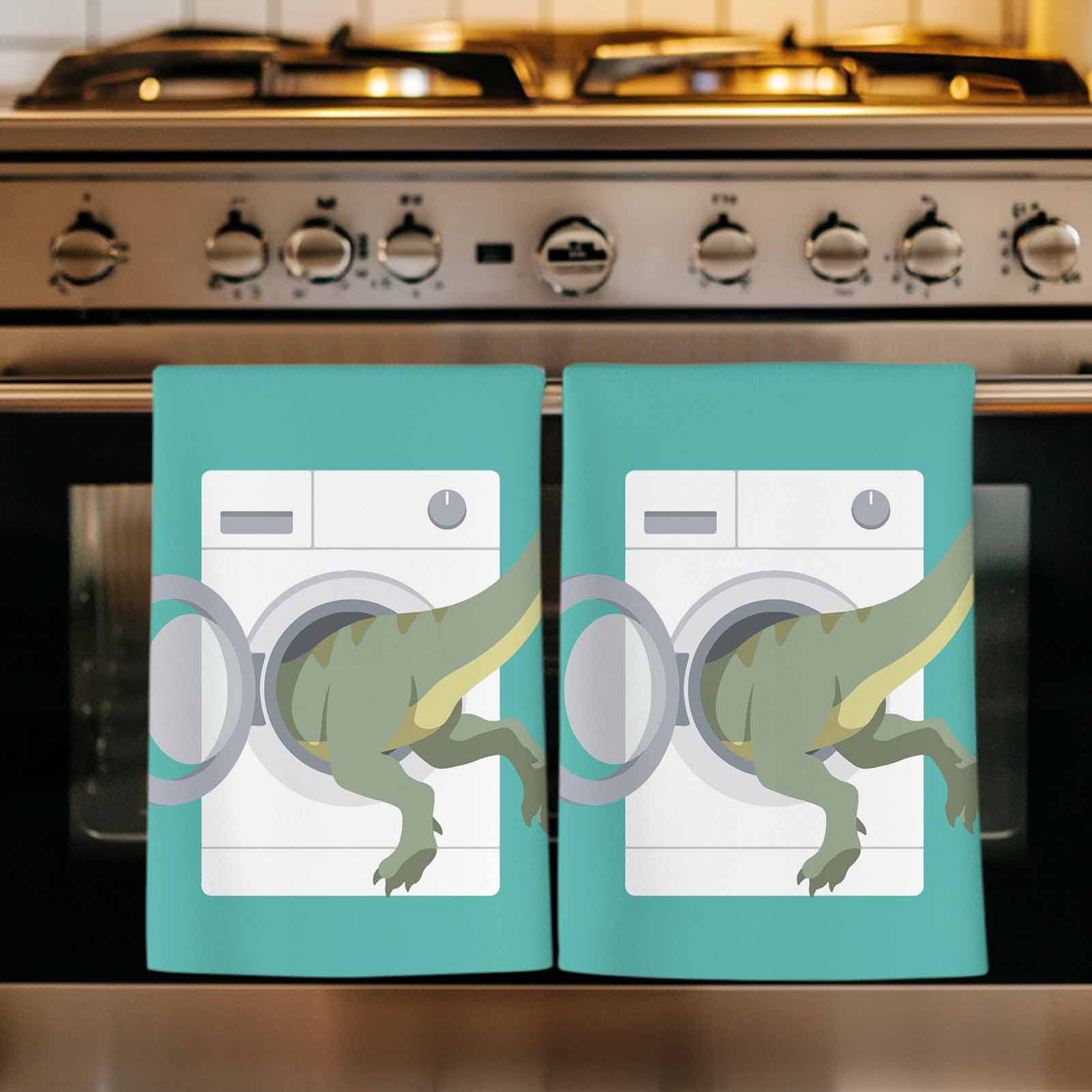 Dinosaur Kitchen Towels Set of 4, Teal Laundry Room Washing Machine ...